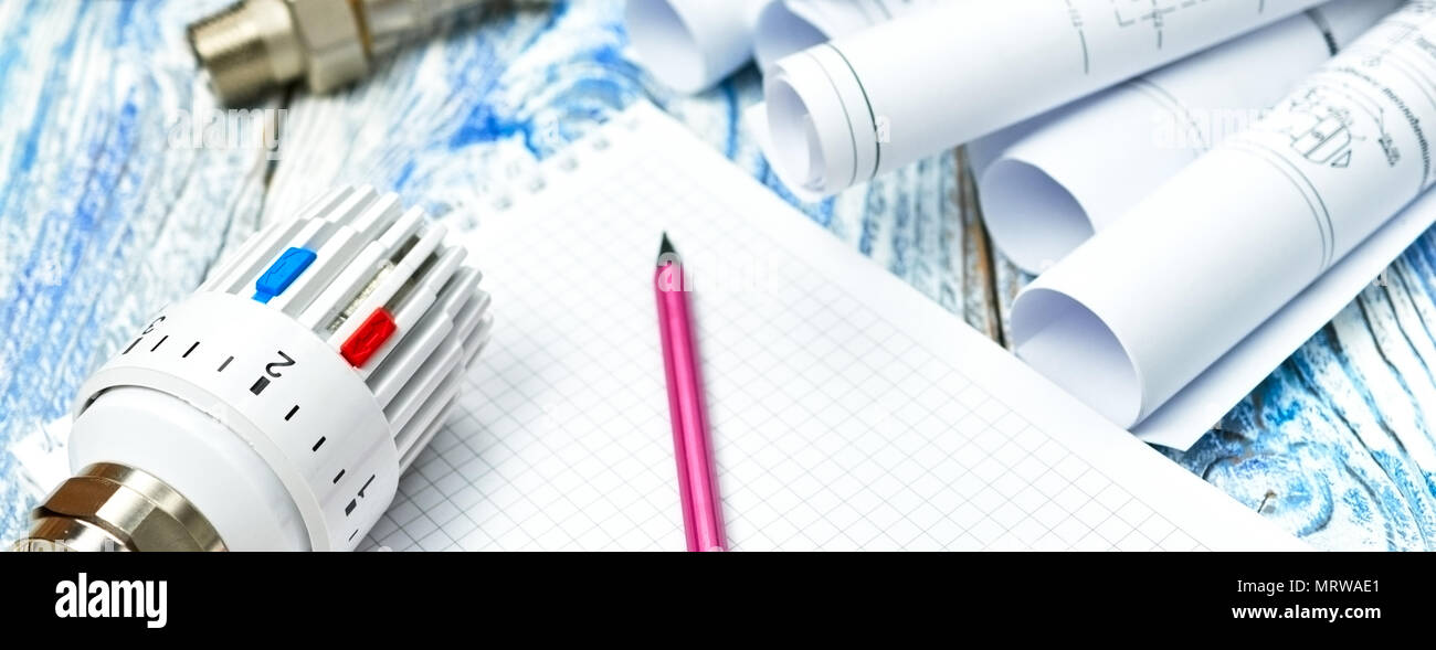 Engineering concept. Project of heating for house. Thermostatic valve ...