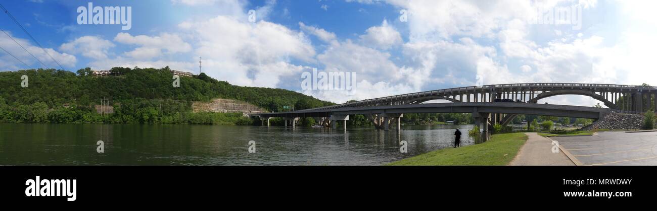 A panoramic view of Branson landing, with the double bridges and lake ...