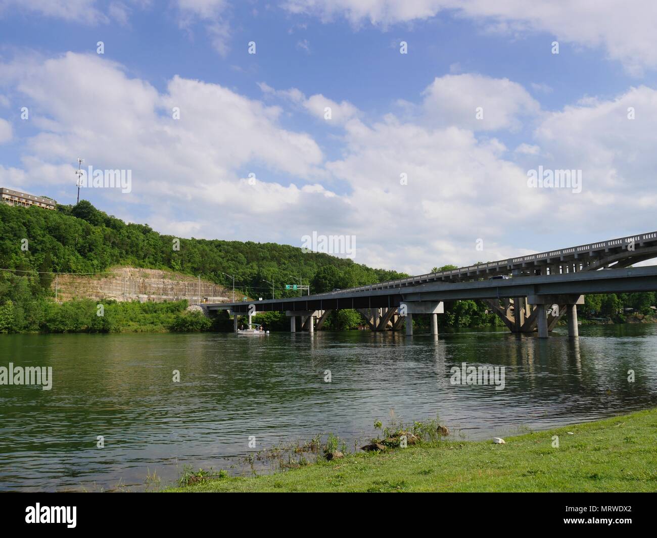 A double bridge near the Main Street landing cruises in Branson ...
