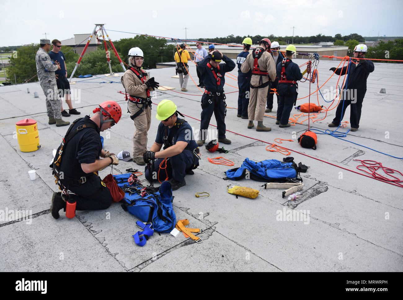 Members of the Keesler and Biloxi Fire Department, prepare to conduct a ...