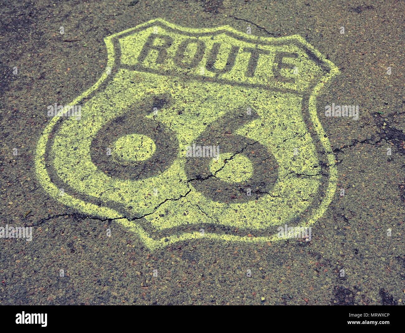 Historic U.S. old Route 66 sign on the asphalt Stock Photo - Alamy
