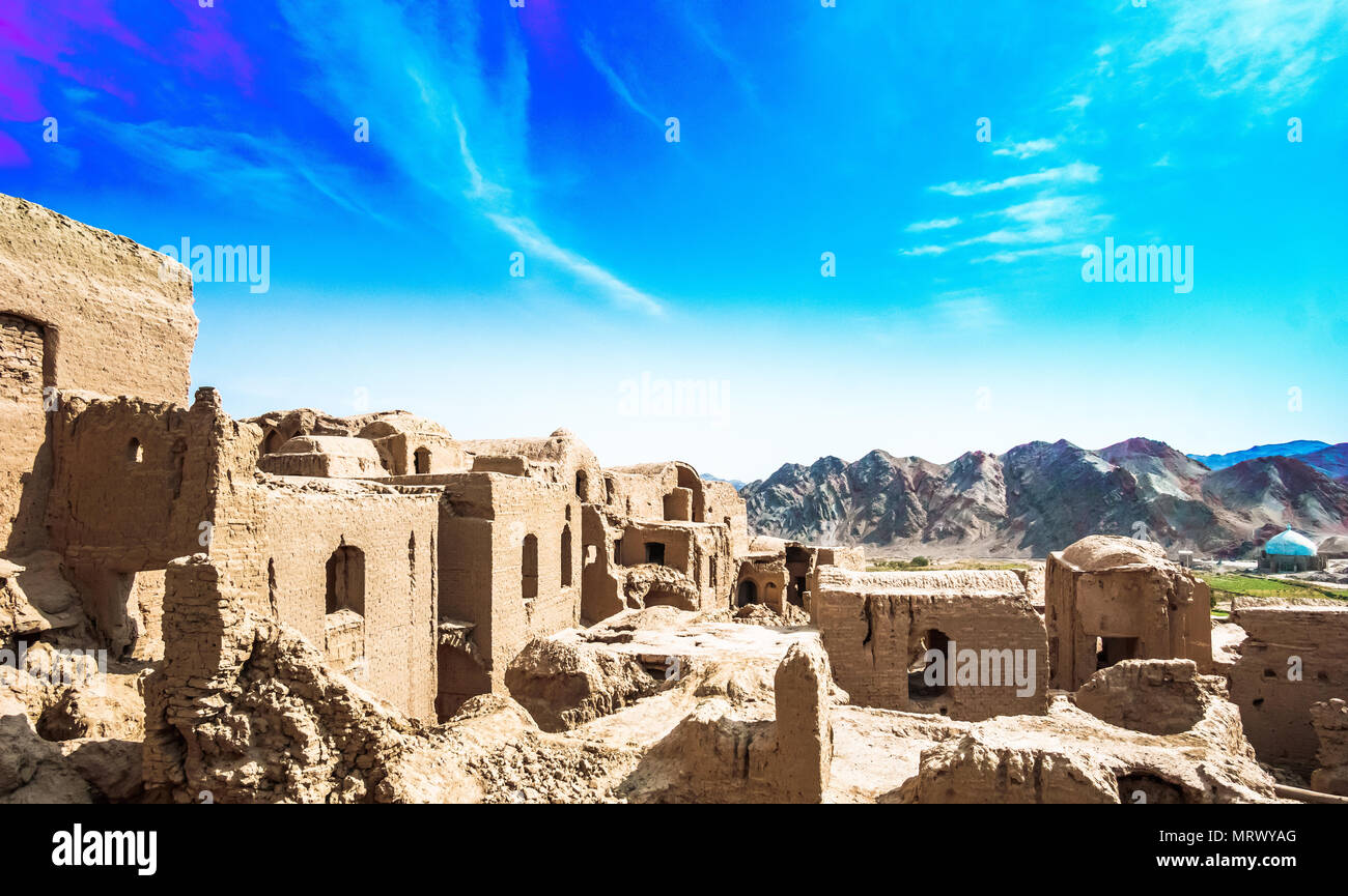 Panoramic view over abonded ghost town of Kharanaq in Iran Stock Photo ...