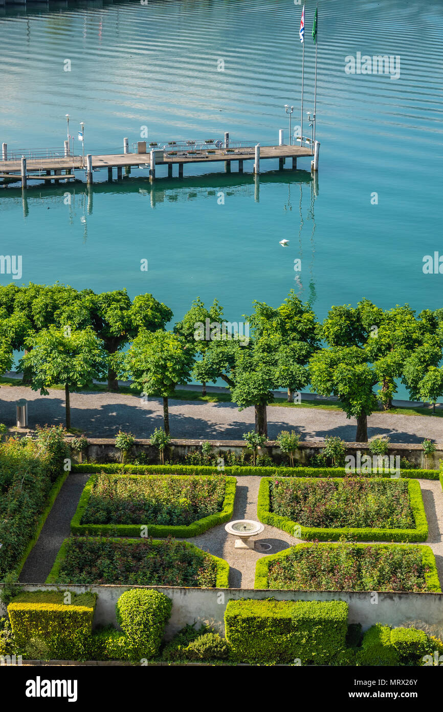 Rose gardens, Rapperswil castle on the shores of the Upper Zurich Lake ...