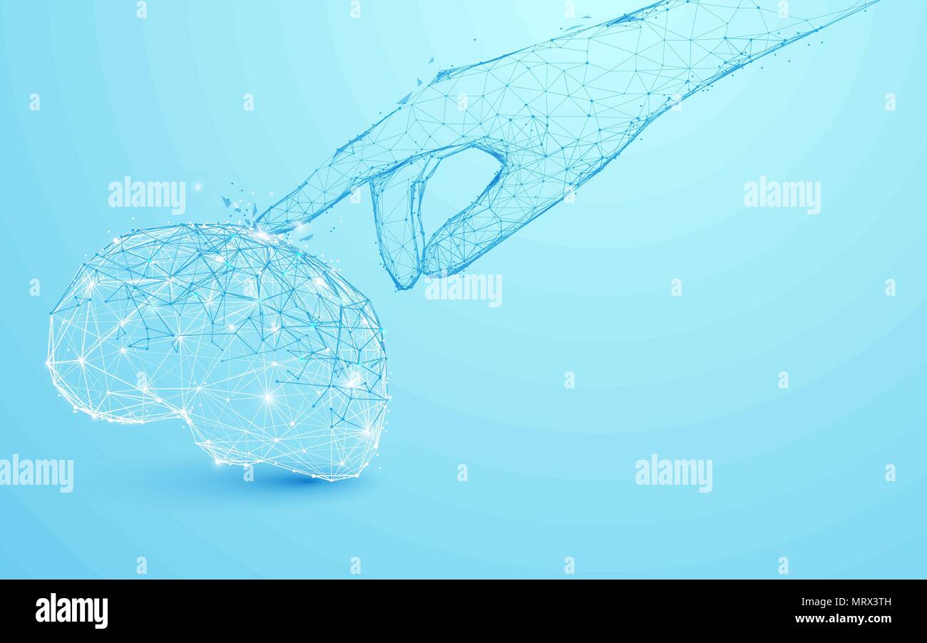 Hand Touch Brain Form Lines And Triangles Point Connecting Network On Blue Background
