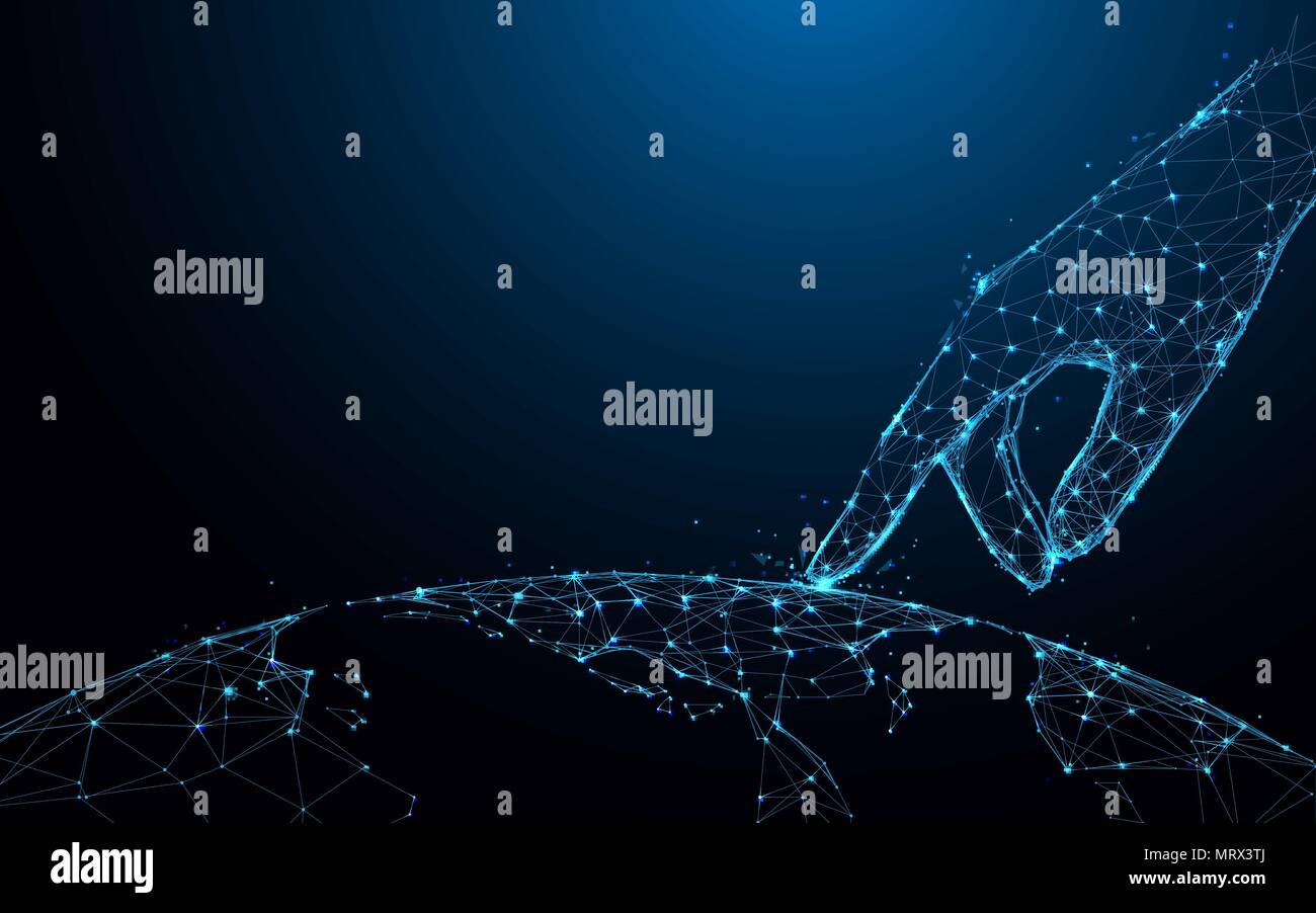 Hand touch global map form lines and triangles, point connecting network on blue background ...