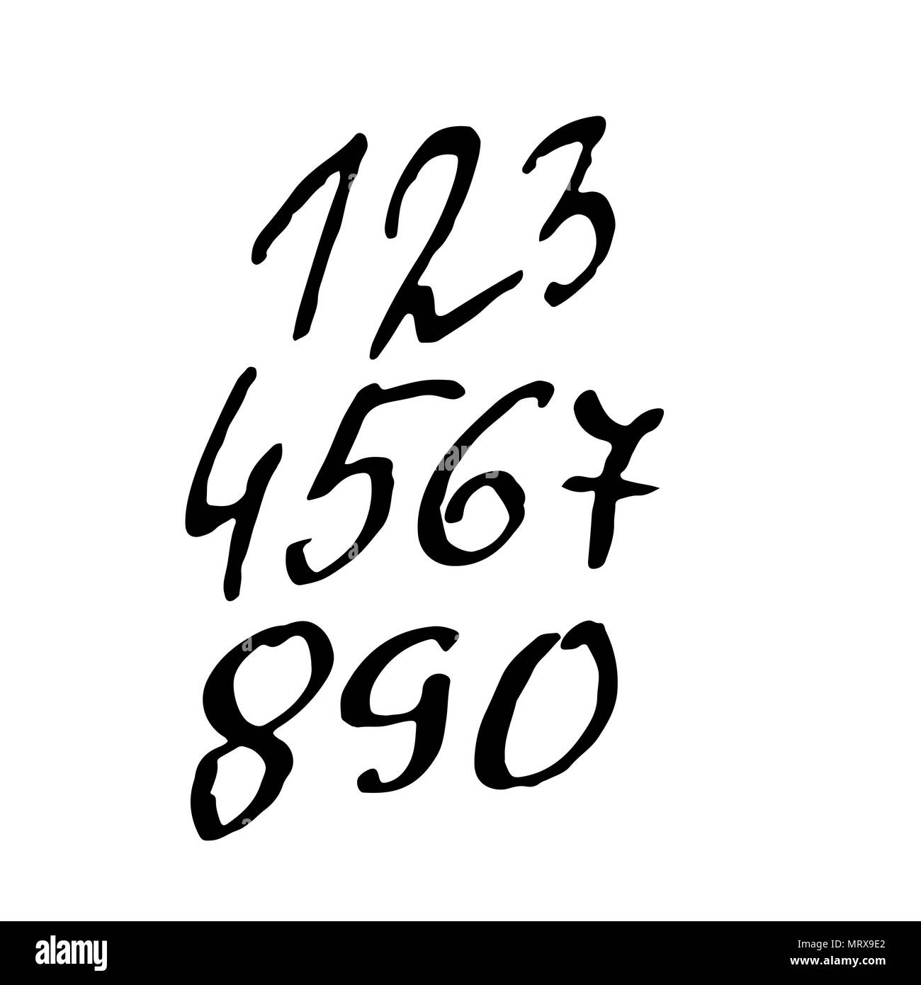 Set of calligraphic ink numbers. Textured brush lettering. Vector ...