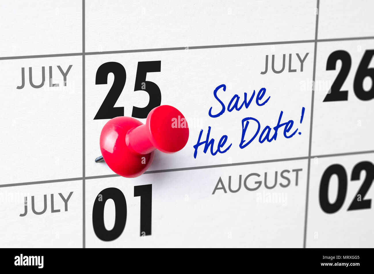 Wall calendar with a red pin - July 25 Stock Photo - Alamy