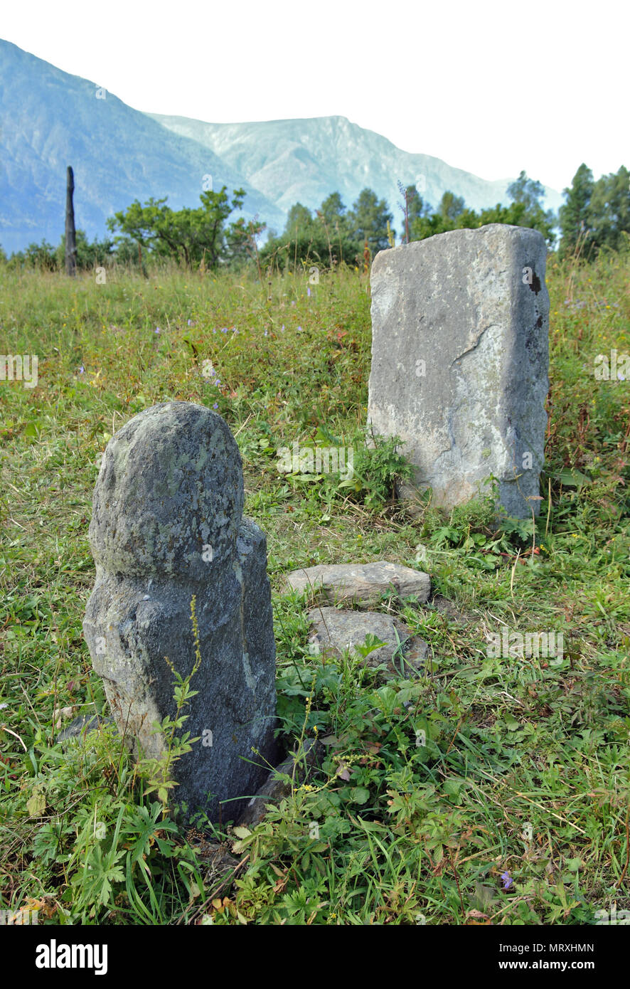 Two stone statues of a warrior stone woman, balbal. Archaeological ...