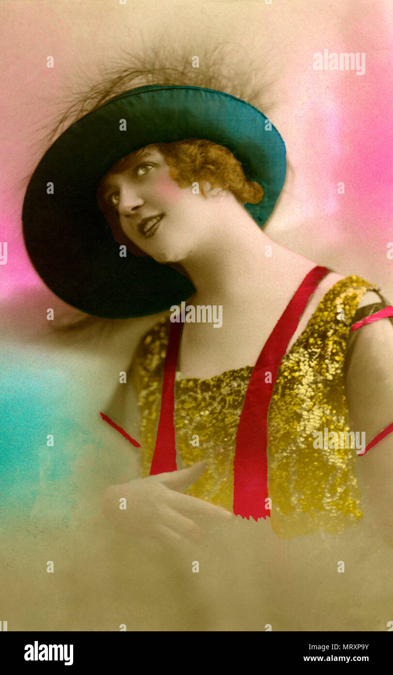 Portrait, fashion, hat fashion, woman with big blue hat, 1910s, Germany ...