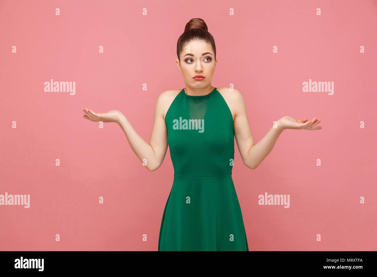 I don't know. Portrait of cute puzzled woman. Expression emotion and ...