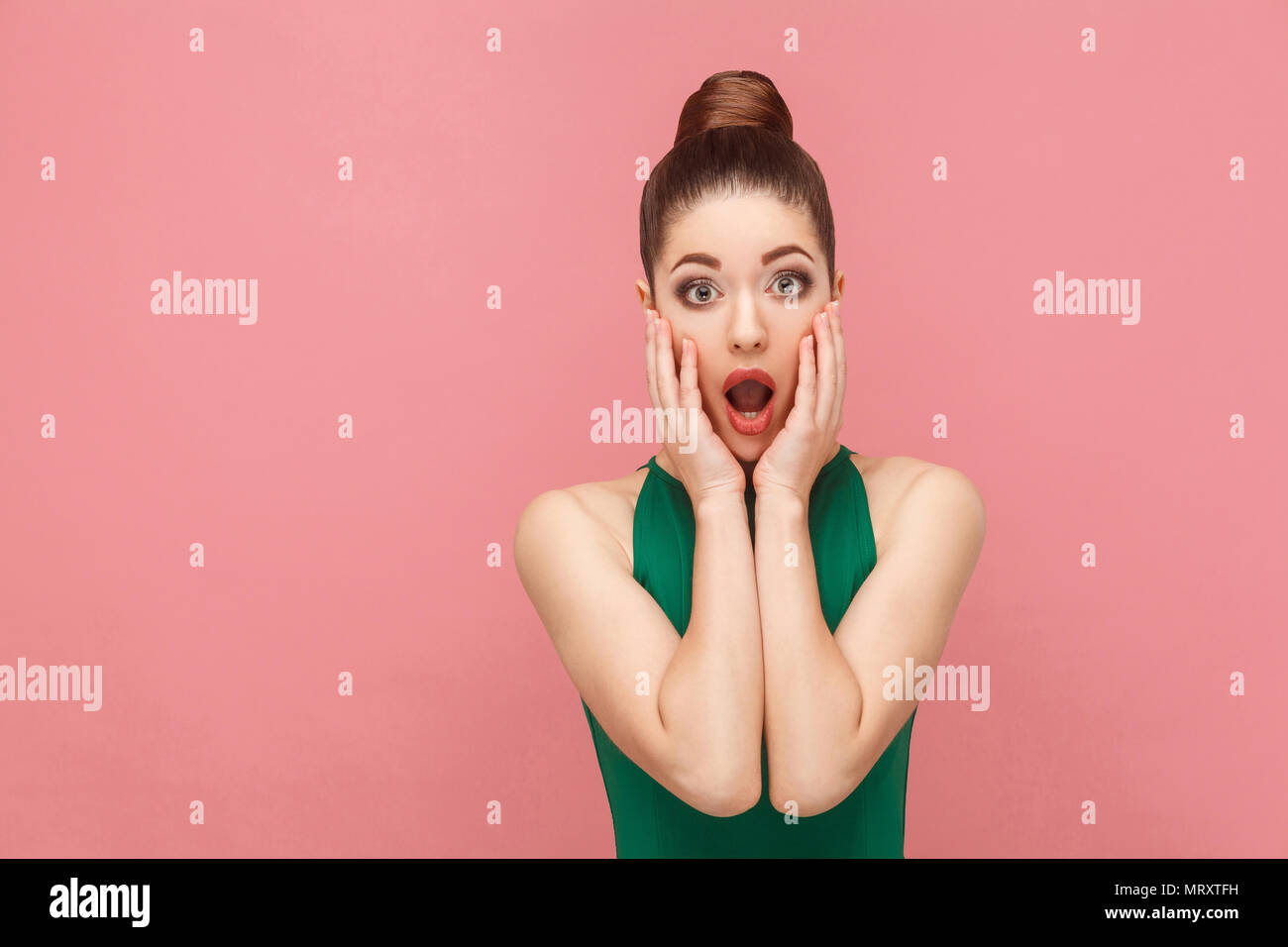 Portrait of woman with shocked face. Expression emotion and feelings ...