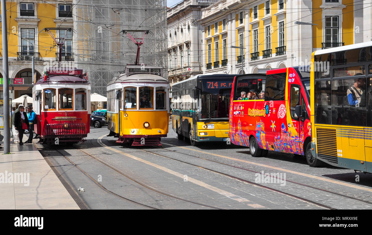 Trams and buses cause traffic congestion, Praca do Comercio, Lisbon ...