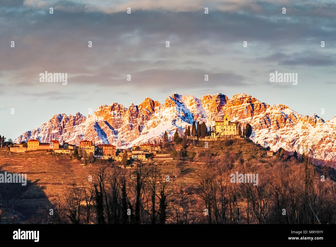 The church of Montevecchia at sunset. Resegone mountain in the ...