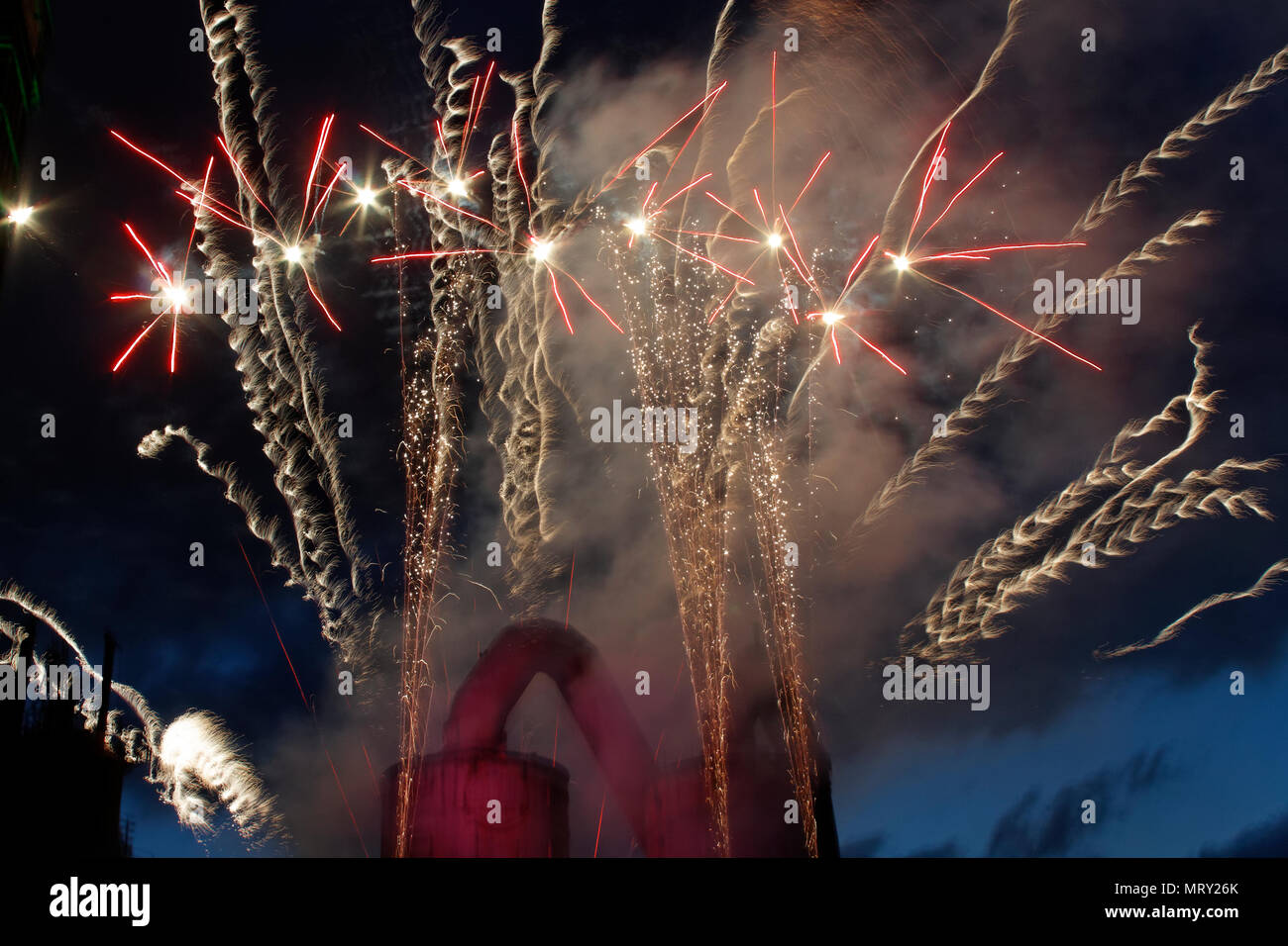 fireworks behind a blast furnace and stell mill Stock Photo - Alamy