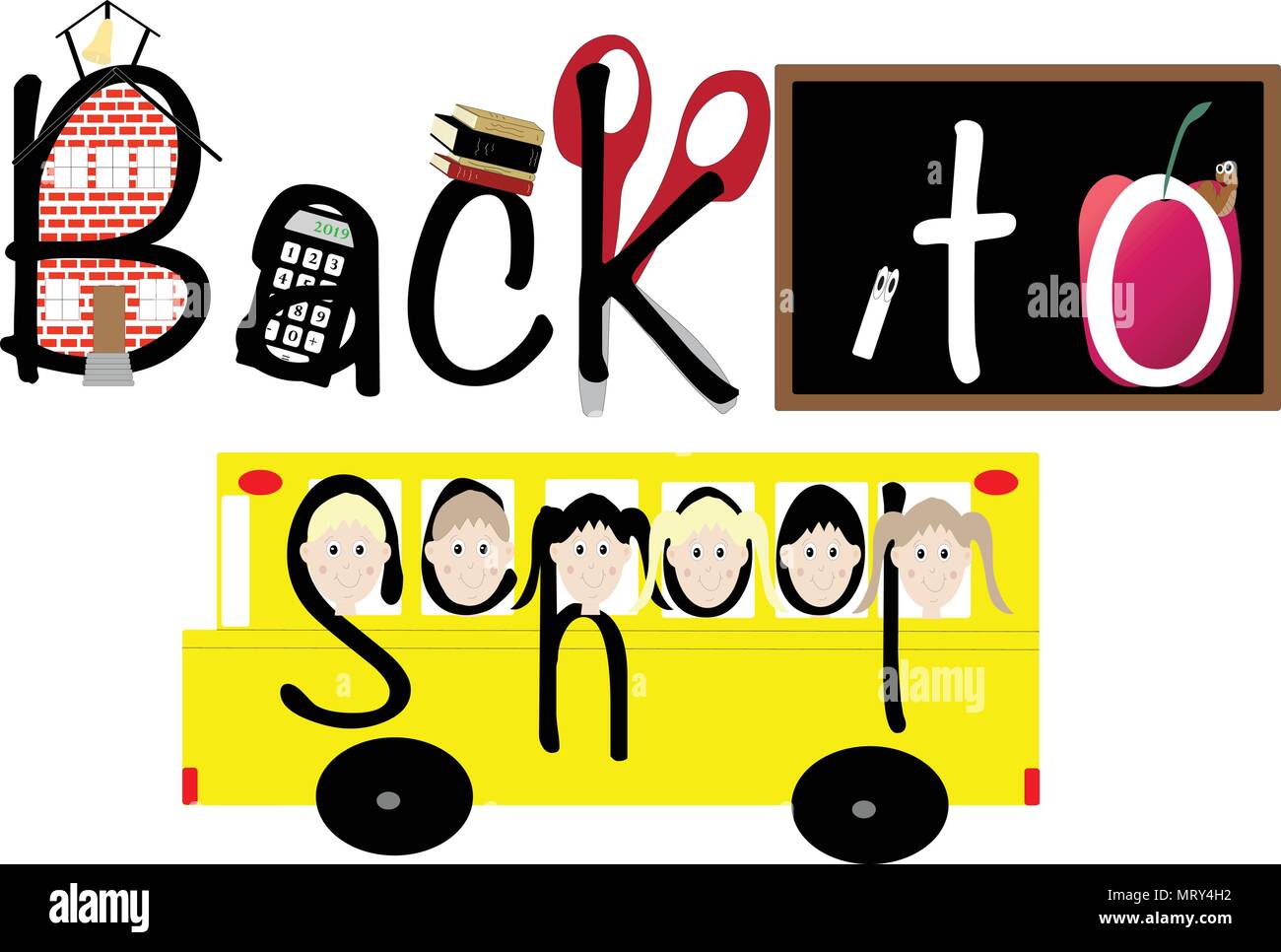 Back to school illustrated with schoolhouse, calculator, books ...