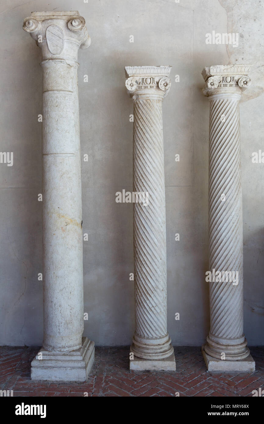 Three Ancient Architectural Columns inside Ducal Palace in Mantua Stock ...