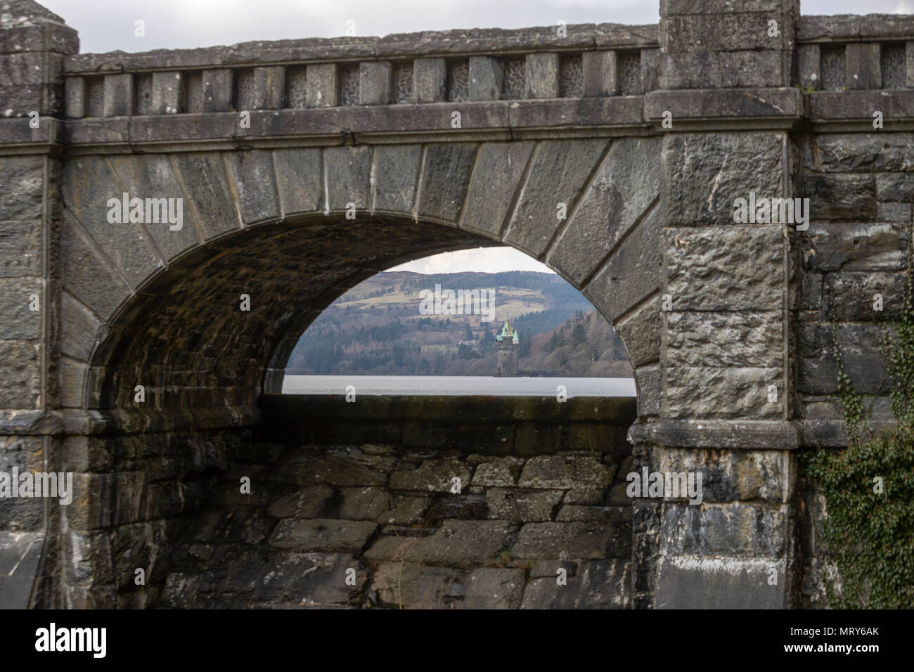 The Gothic revival straining tower from the dam in Lake Vyrnwy ...