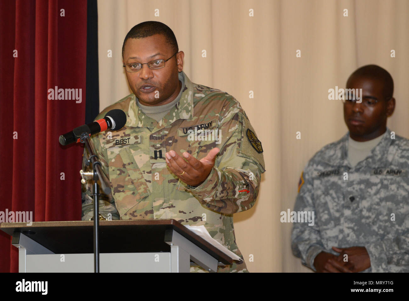 Incoming Commander CPT Jesse Best addresses the crowd during the HHD ...