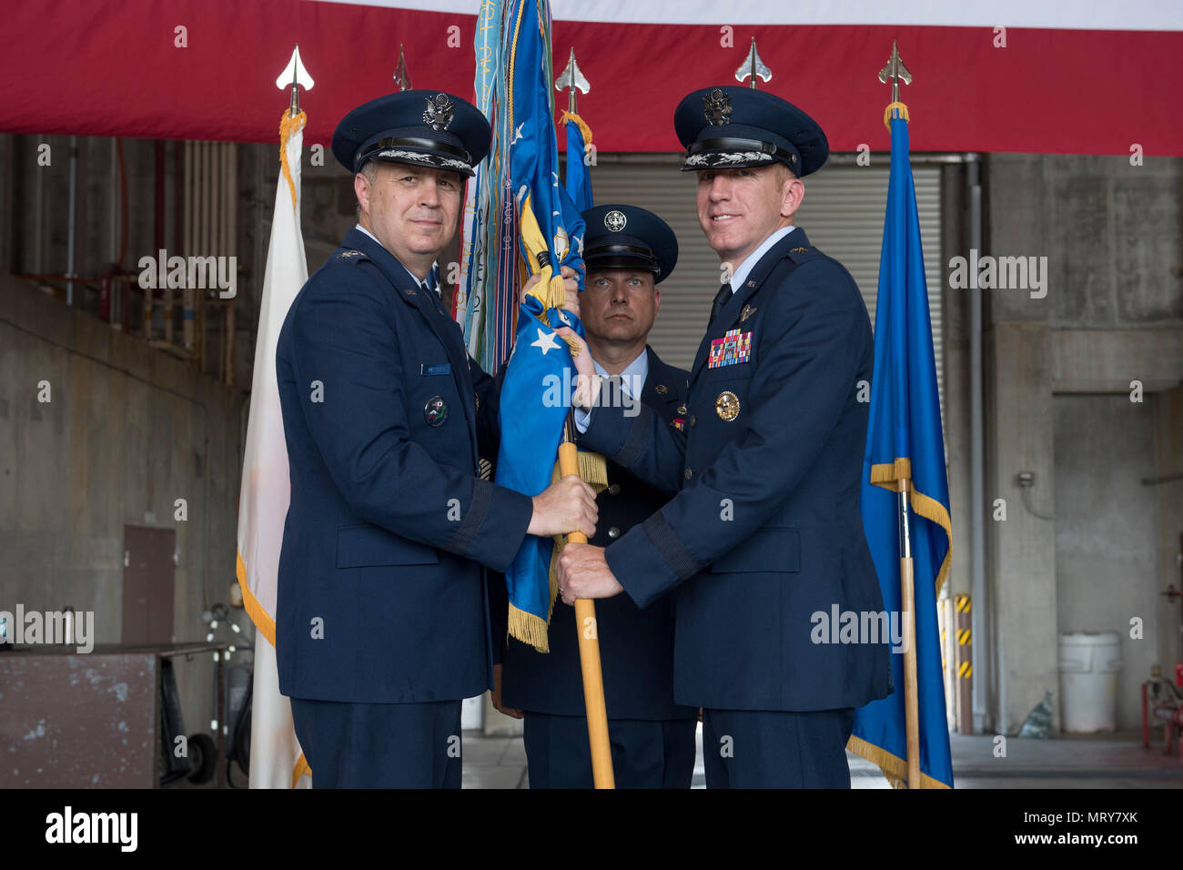 U.S. Air Force Brig. Gen. Case Cunningham (right), 18th Wing commander ...