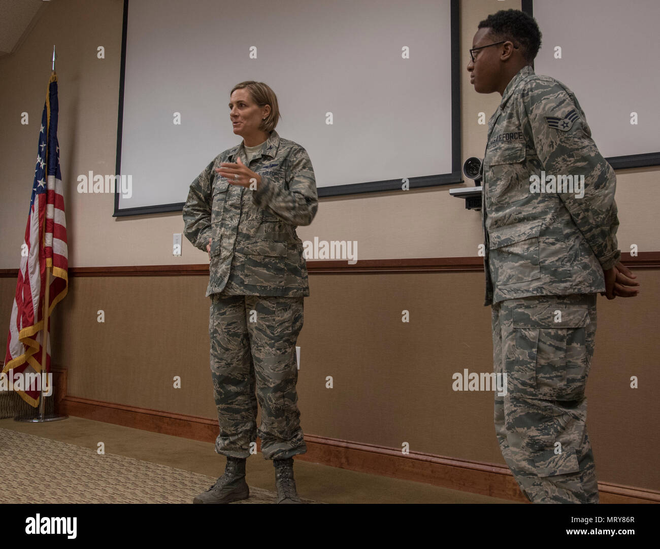U.S. Air Force Col. Jennifer Short, left, recognizes the ...