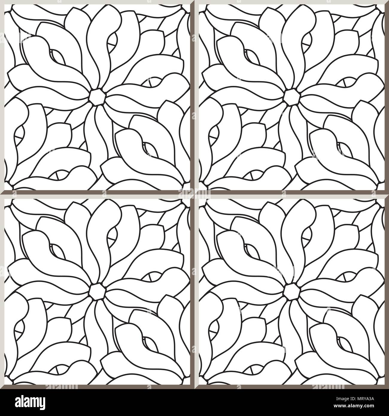 Ceramic tile pattern black white curve spiral outline cross flower ...