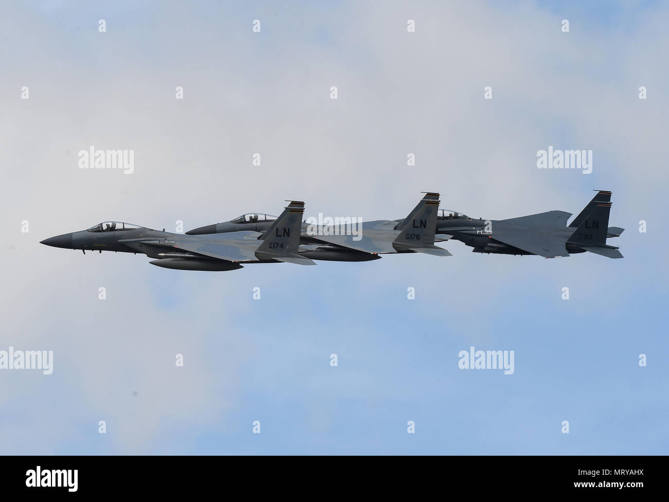 FAIRFORD, United Kingdom – Three U.S. Air Force F-15 aircraft from the 48th Fighter Wing fly ...