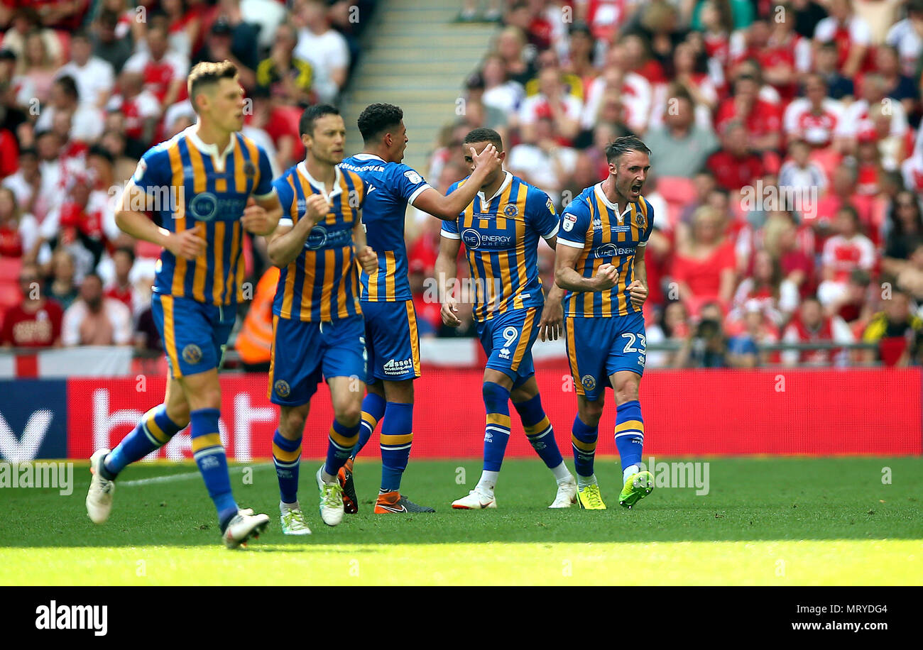 Shrewsbury Town's Alex Rodman (right) celebrates scoring his side's ...