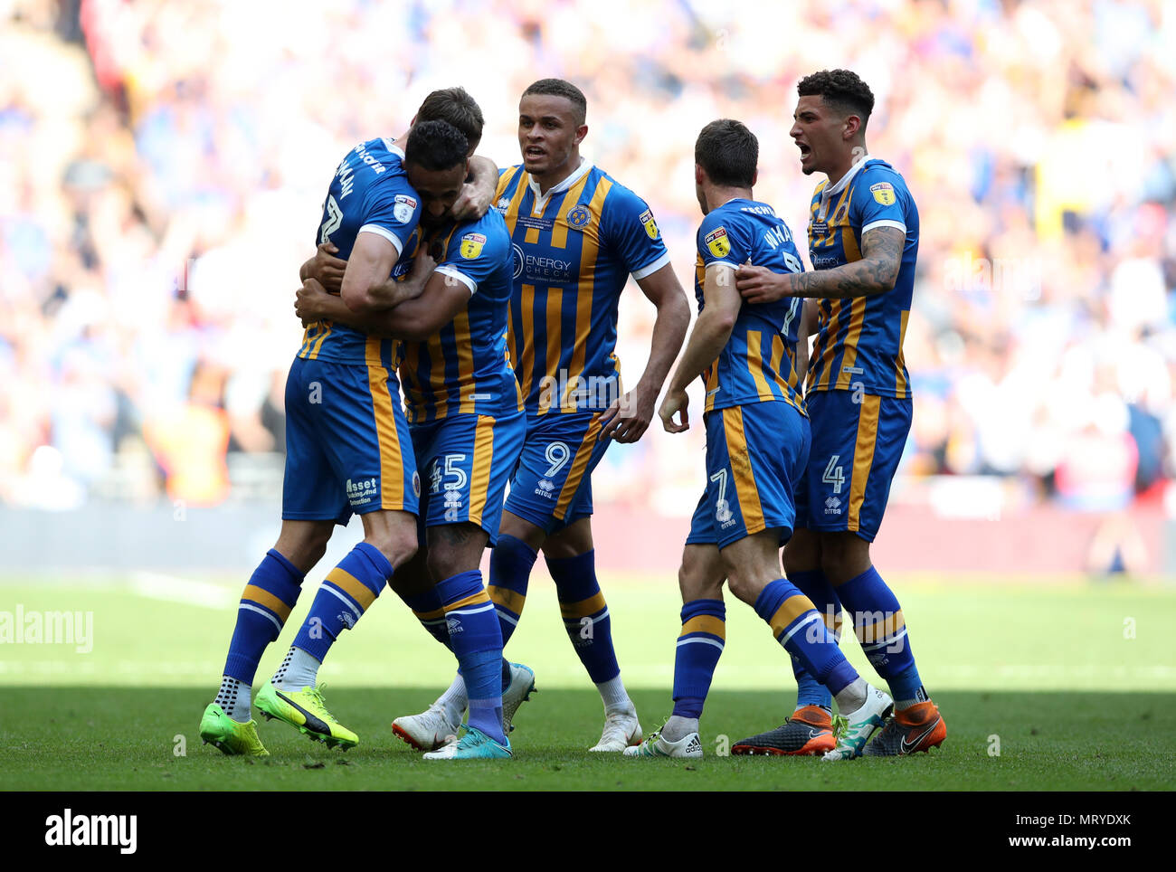 Shrewsbury Town's Alex Rodman (left) celebrates scoring his side's ...