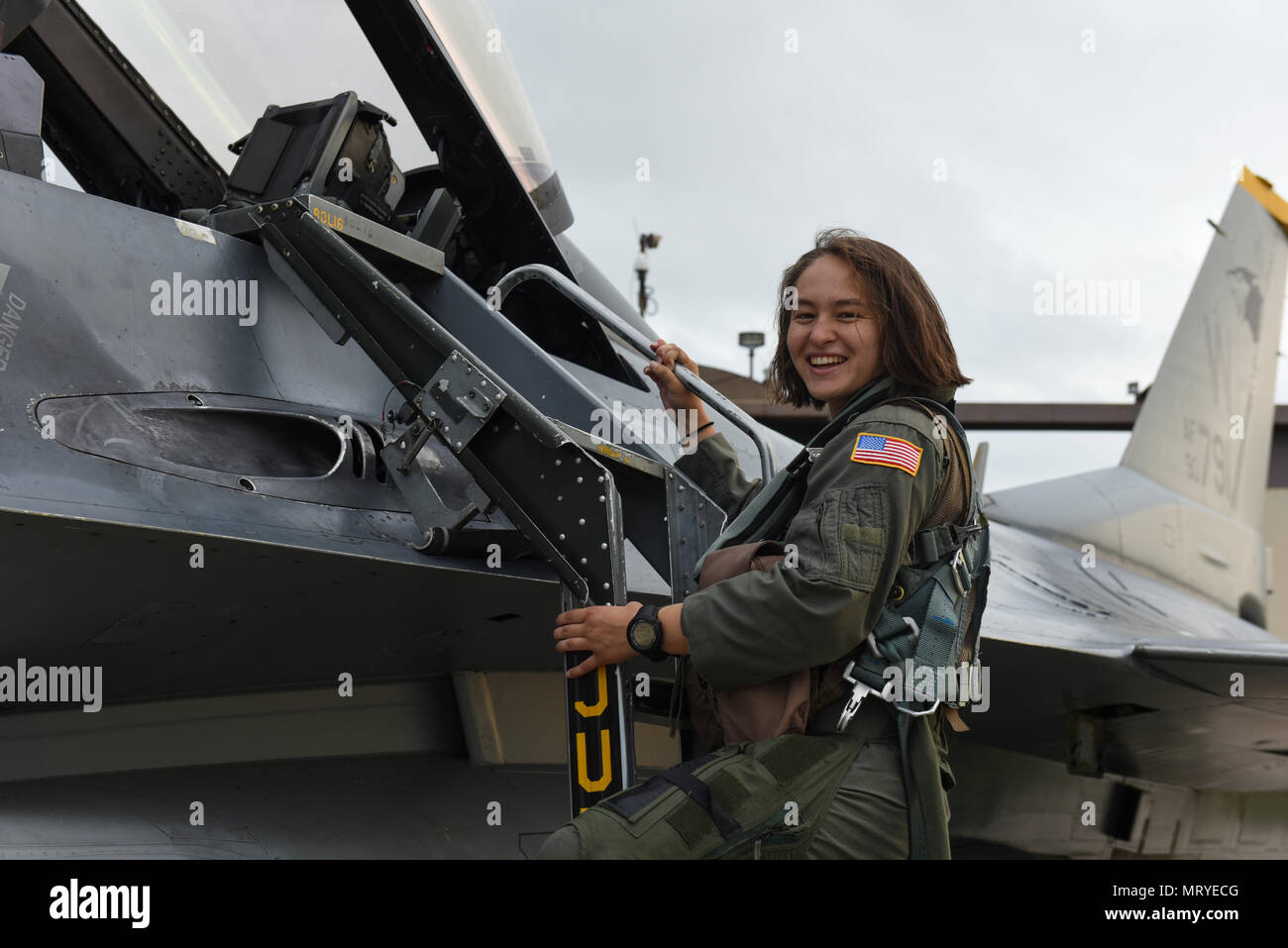 U.S. Air Force Academy Cadet 2nd Class Madison Tung climbs out of an F ...