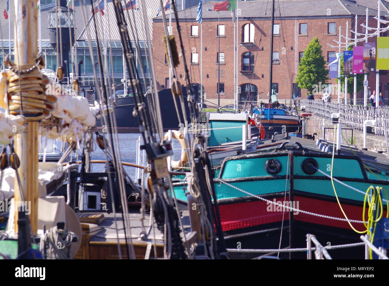 Barges Room 59, Spider T and Comrade with HMS Pickles in Hull Marina ...