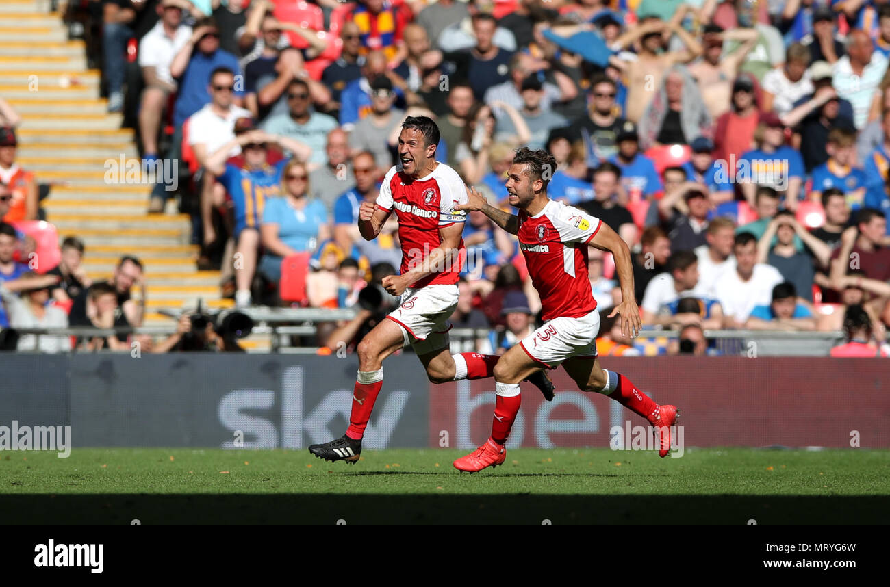Rotherham United's Richard Wood (left) celebrates scoring his side's ...