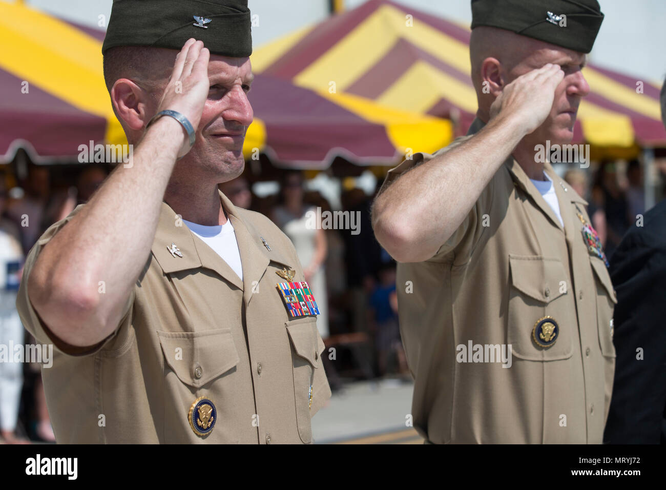U.S. Marine Corps Col. Garrett R. Hoffman, left, incoming company ...