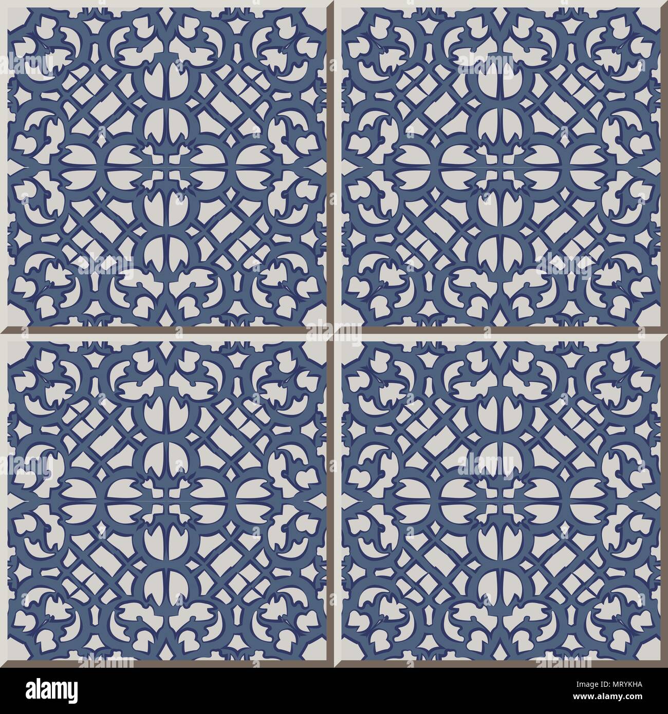 Ceramic tile pattern blue spiral curve cross frame tracery line ...