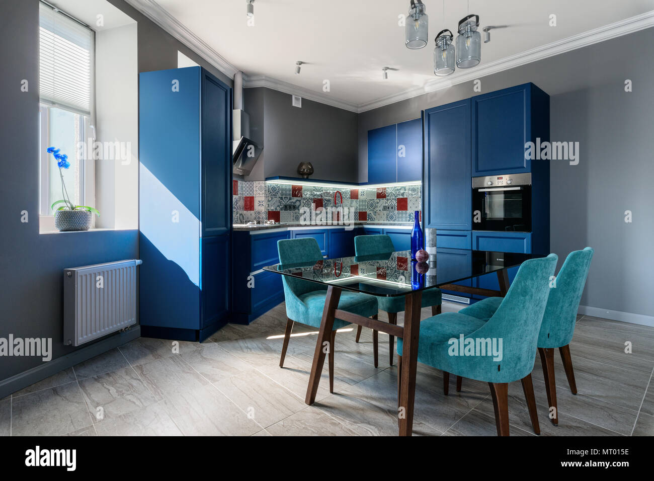 Blue modern kitchen interior design Stock Photo - Alamy