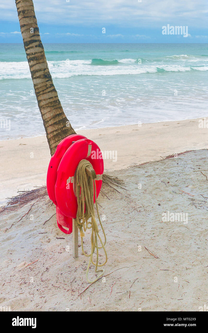 Red color Life buoy on the beach with bright sand and blue sky on the ...