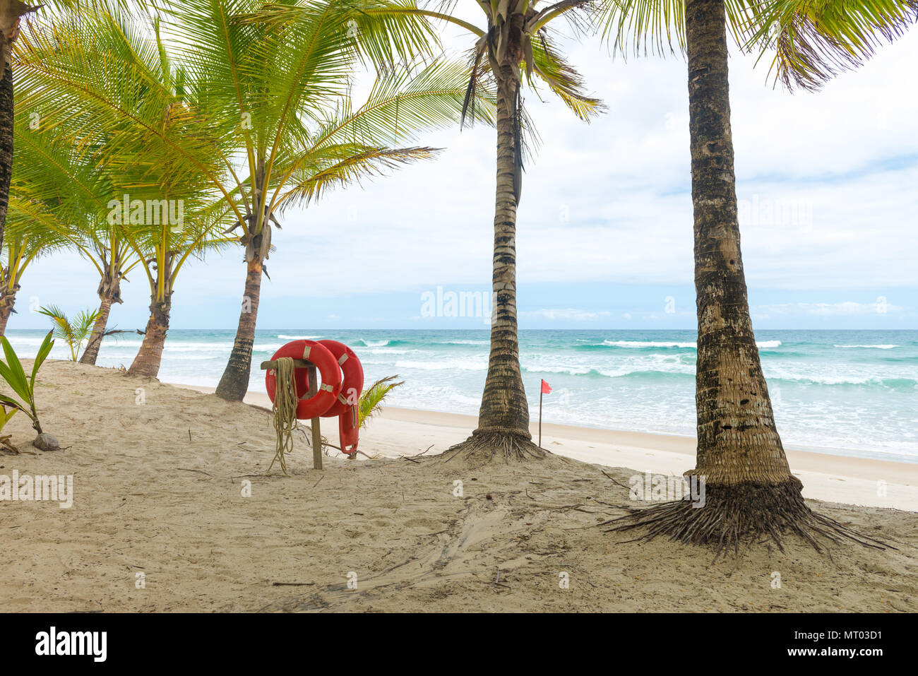 Red color Life buoy on the beach with bright sand and blue sky on the ...