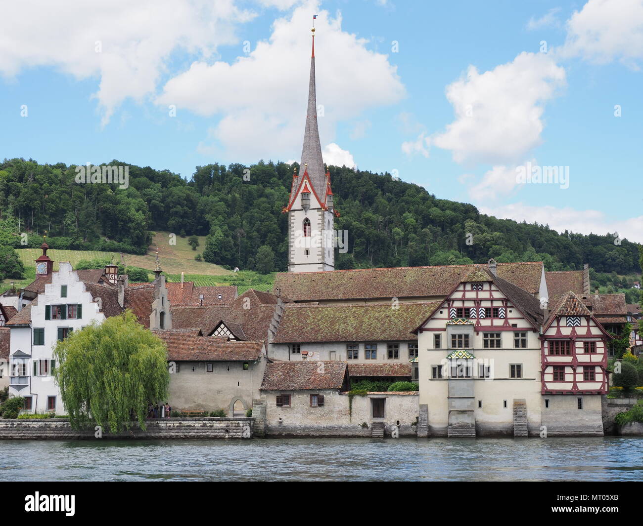 St. George's Abbey at Rhine River in european STEIN am RHEIN town in ...