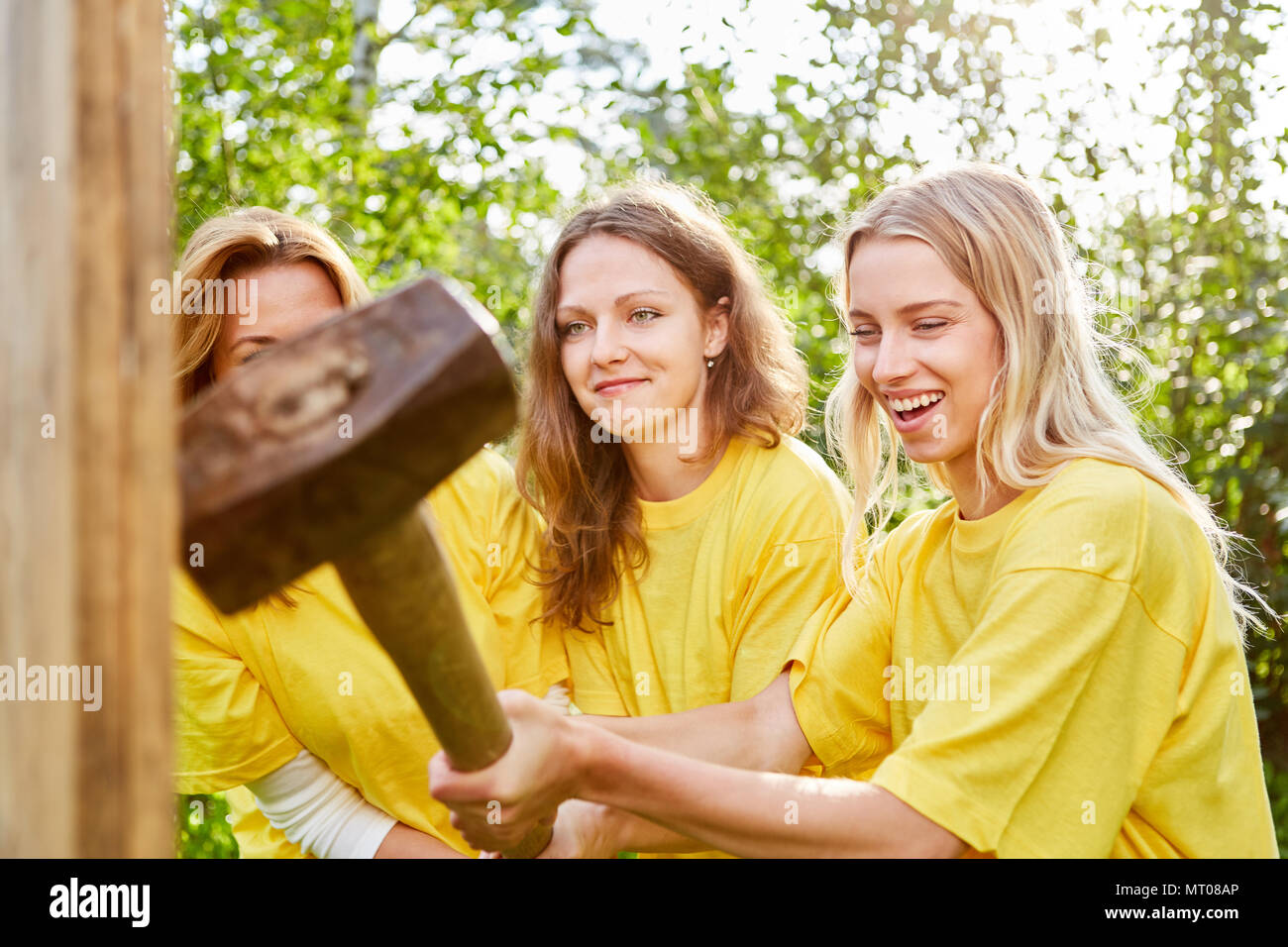Happy women team is working together in a teambuilding workshop Stock ...