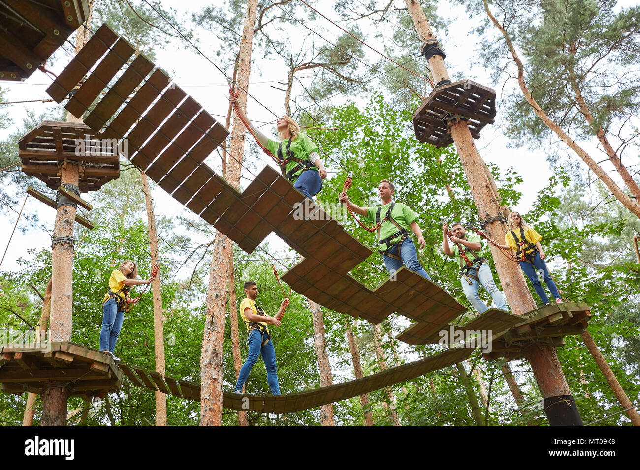 Group crosses a bend in the high ropes course at the Teambuilding ...