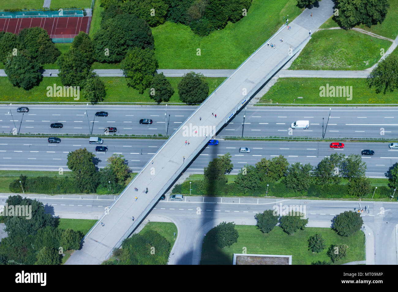 Aerial view of German country road with bridge, Munich, Germany Stock ...