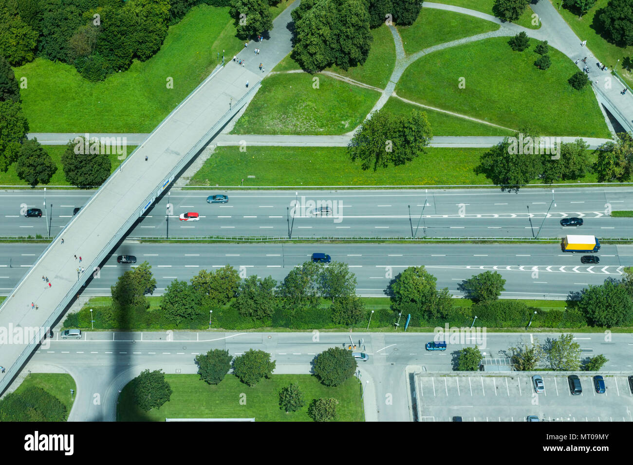 Aerial view of German country road with bridge, Munich, Germany Stock ...