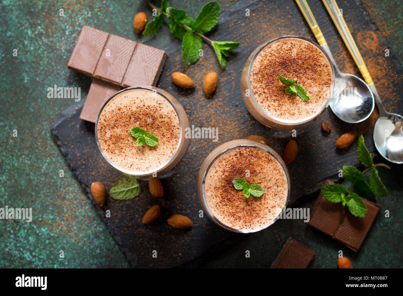 Homemade coffee-chocolate mousse on a stone or slate background Stock ...
