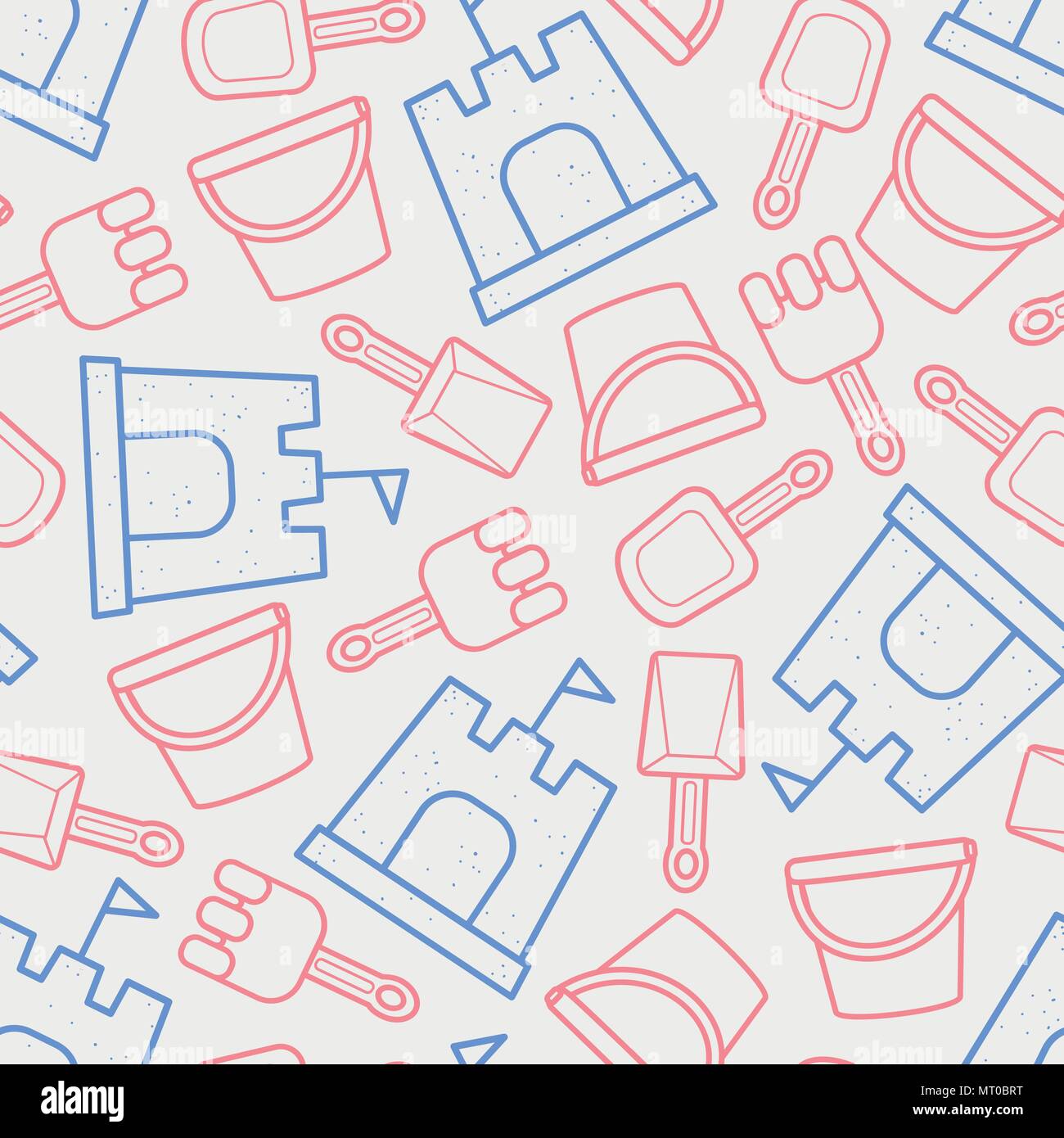 Blue and red outline beach toys random on white background. Seamless ...