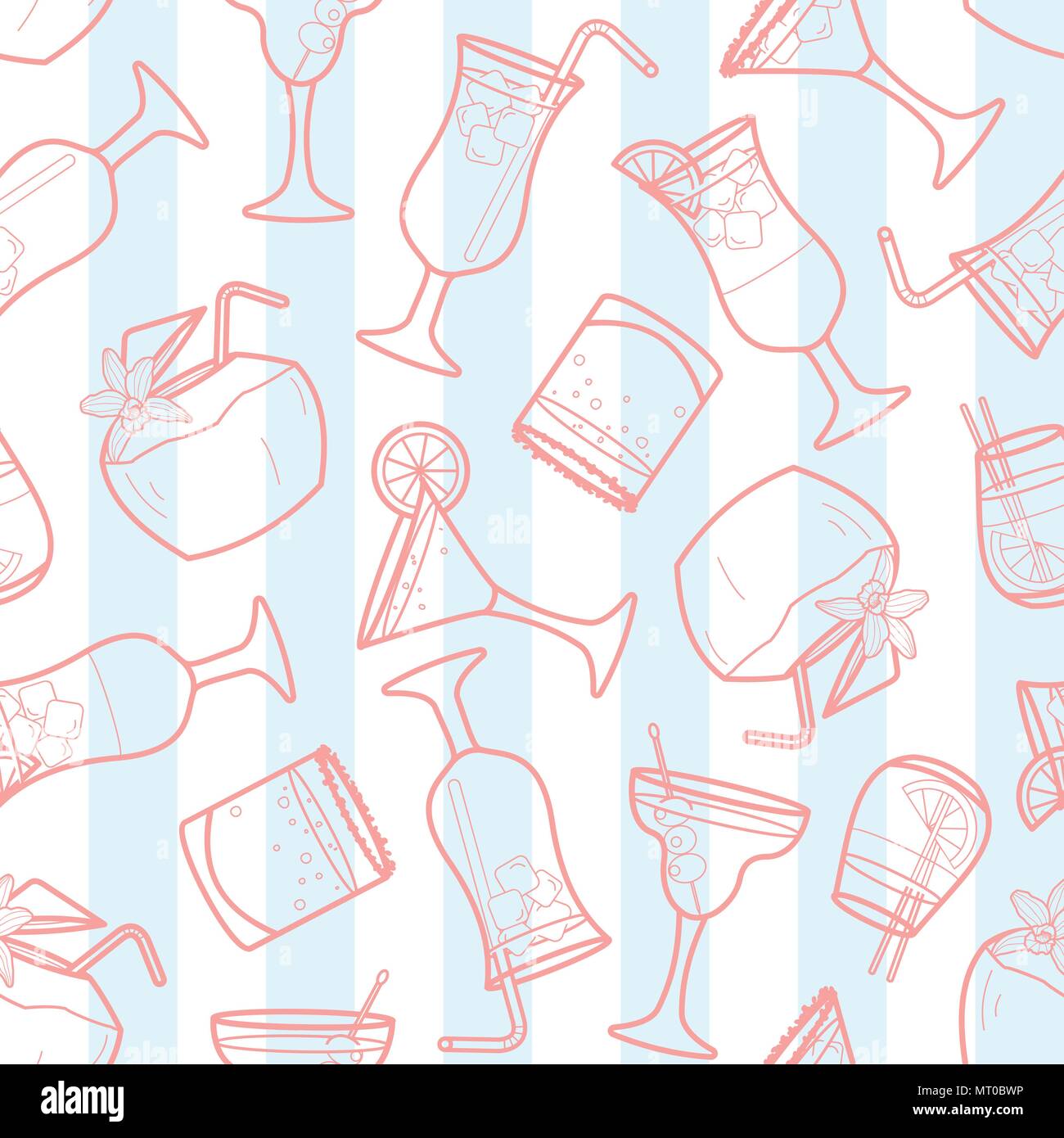 Pink outline cocktails random on blue and white stripe background ...