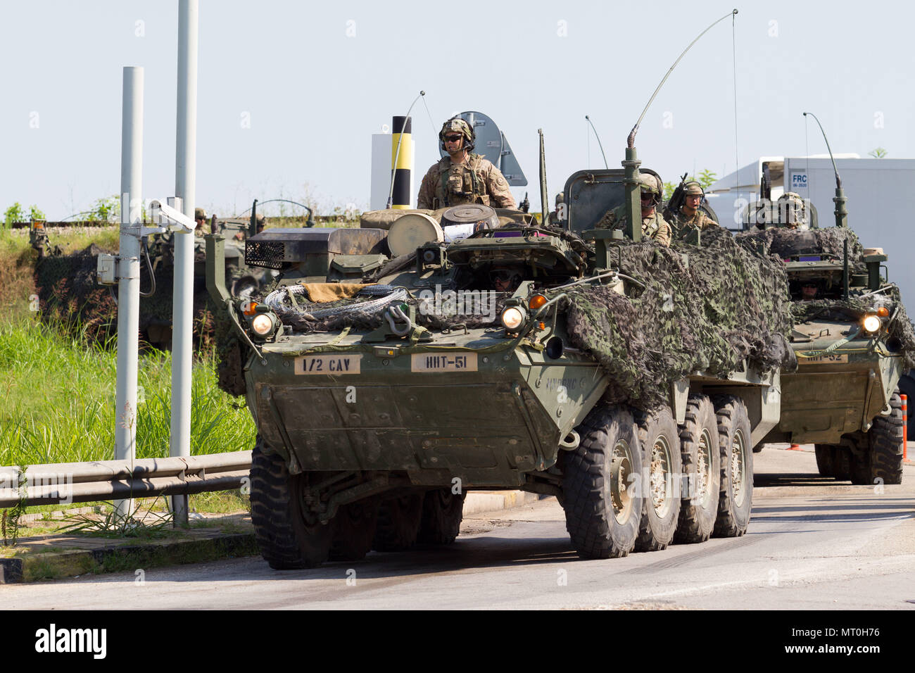 Strykers from 2nd Cavalry Regiment cross the Danube Bridge into ...