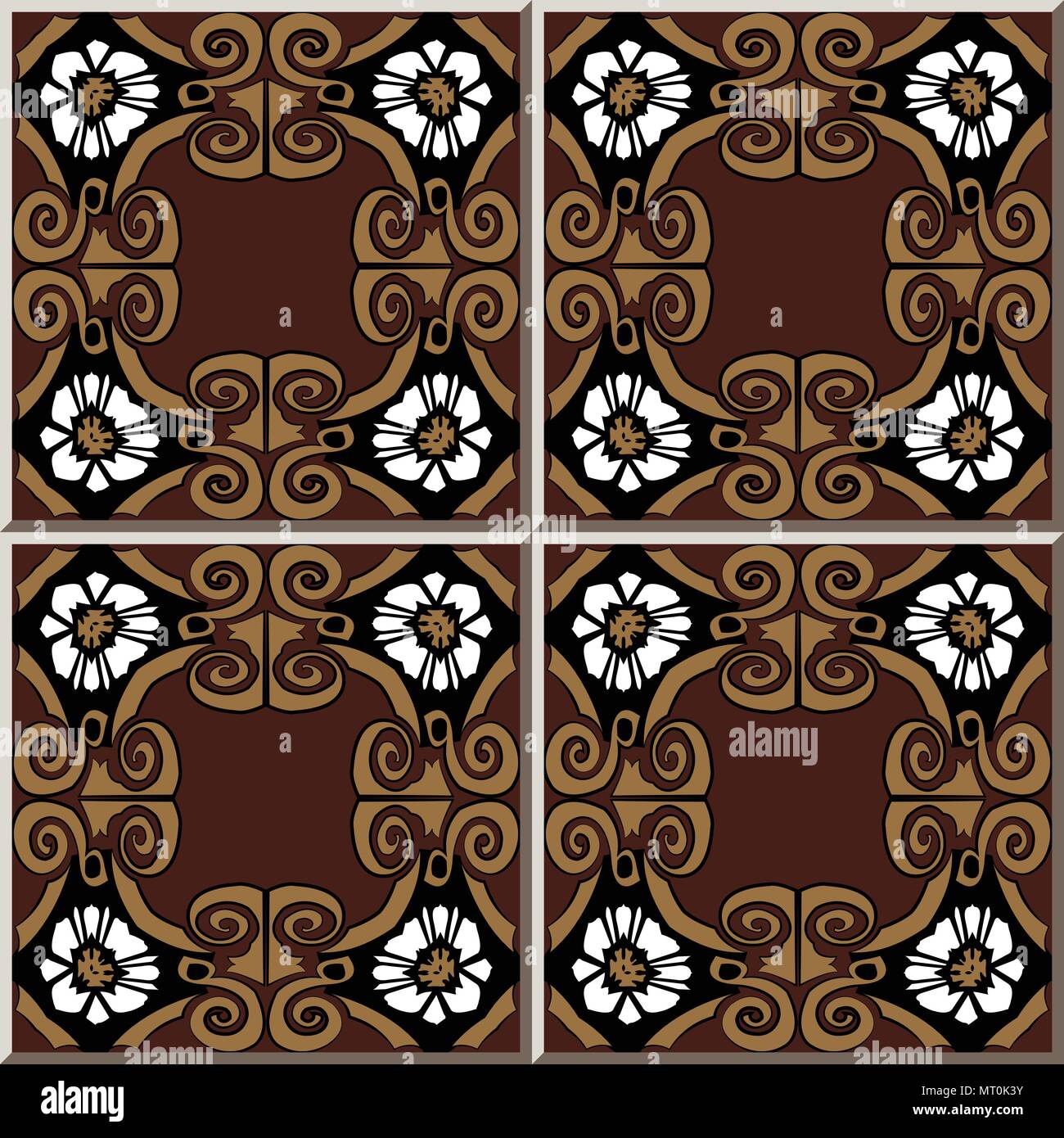 Ceramic tile pattern retro brown square spiral curve cross frame vine ...