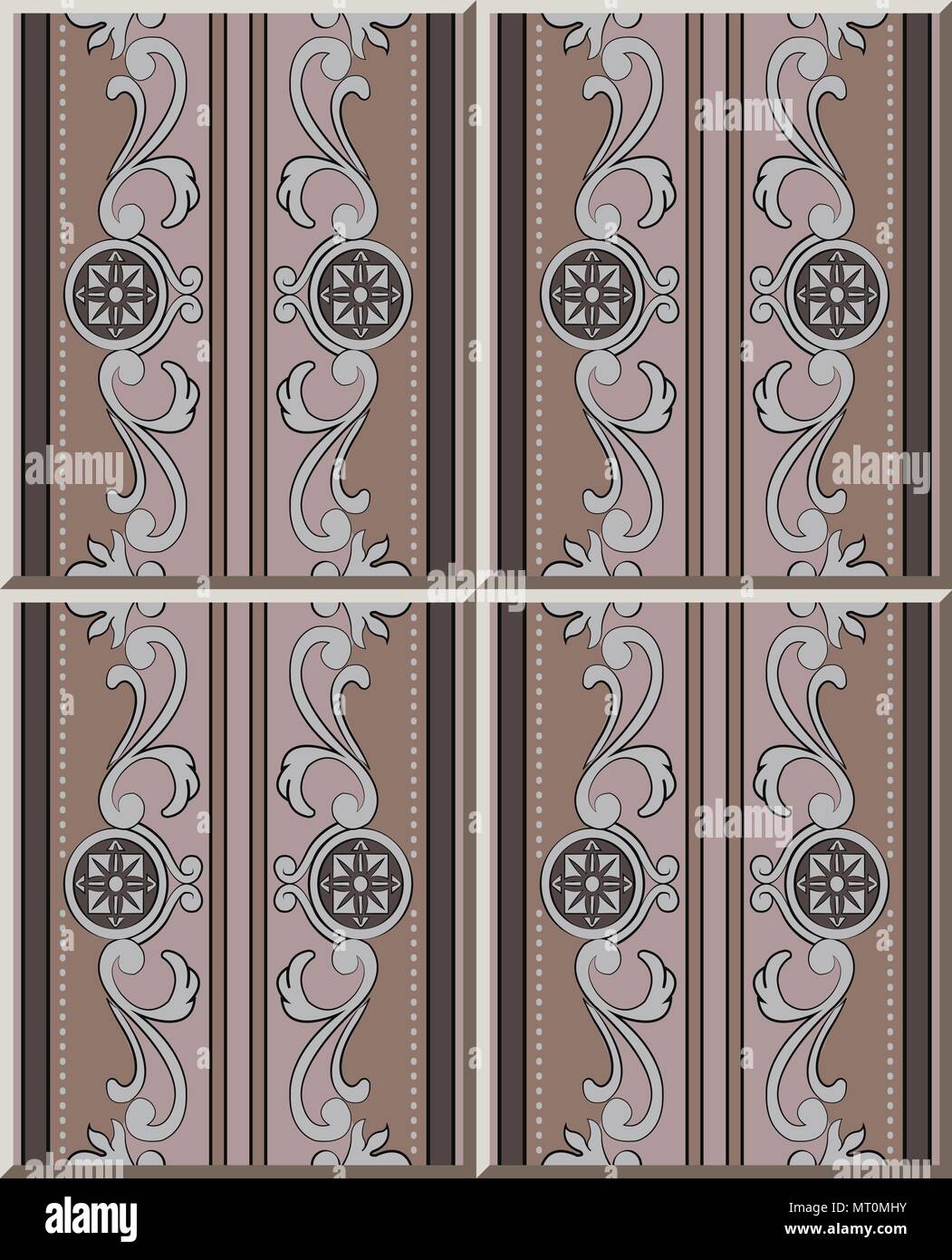Ceramic tile pattern brown spiral curve frame round flower dot line ...