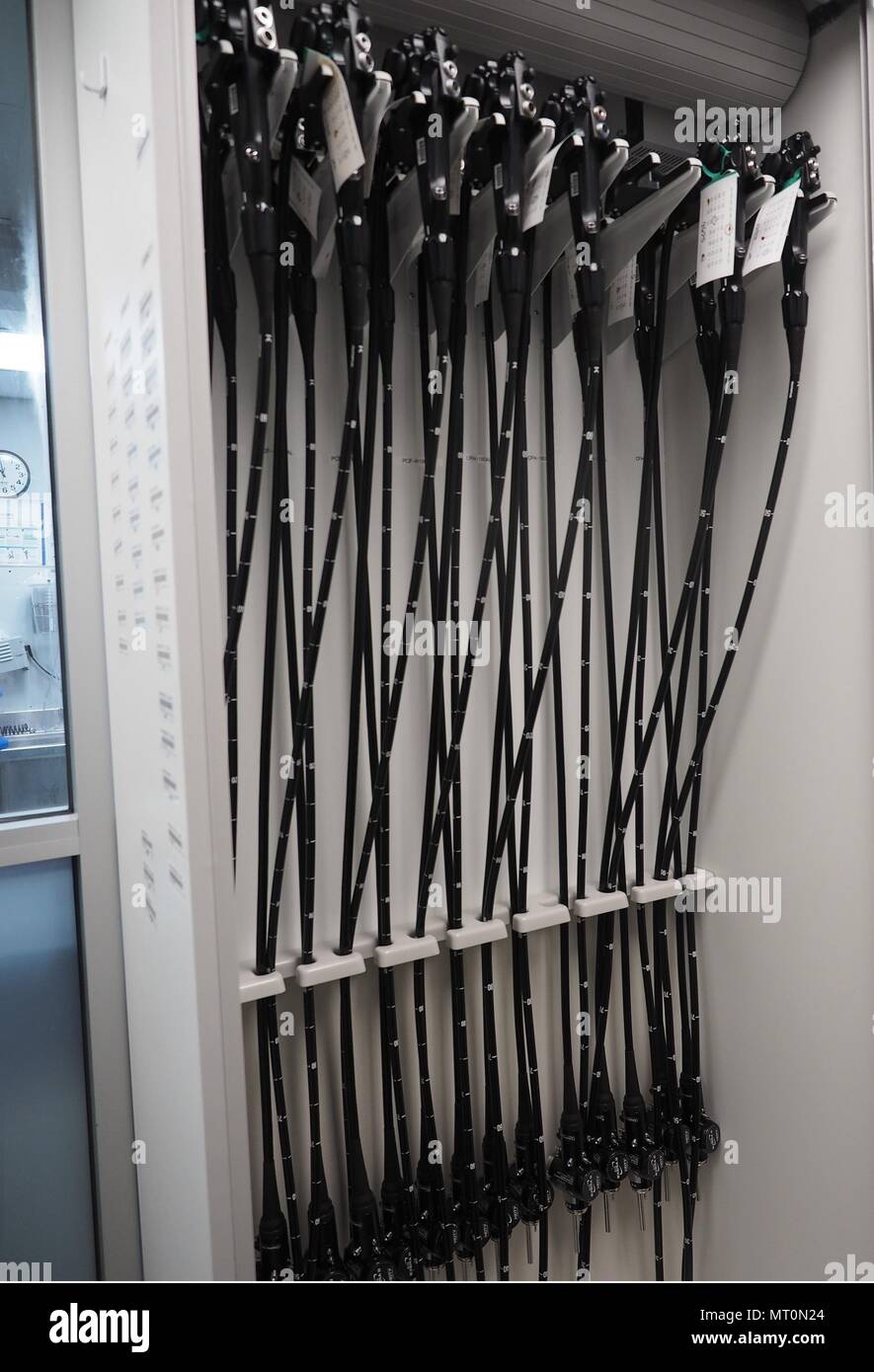 Medical staff prepare colonoscopy and endoscopic equipment in the ...