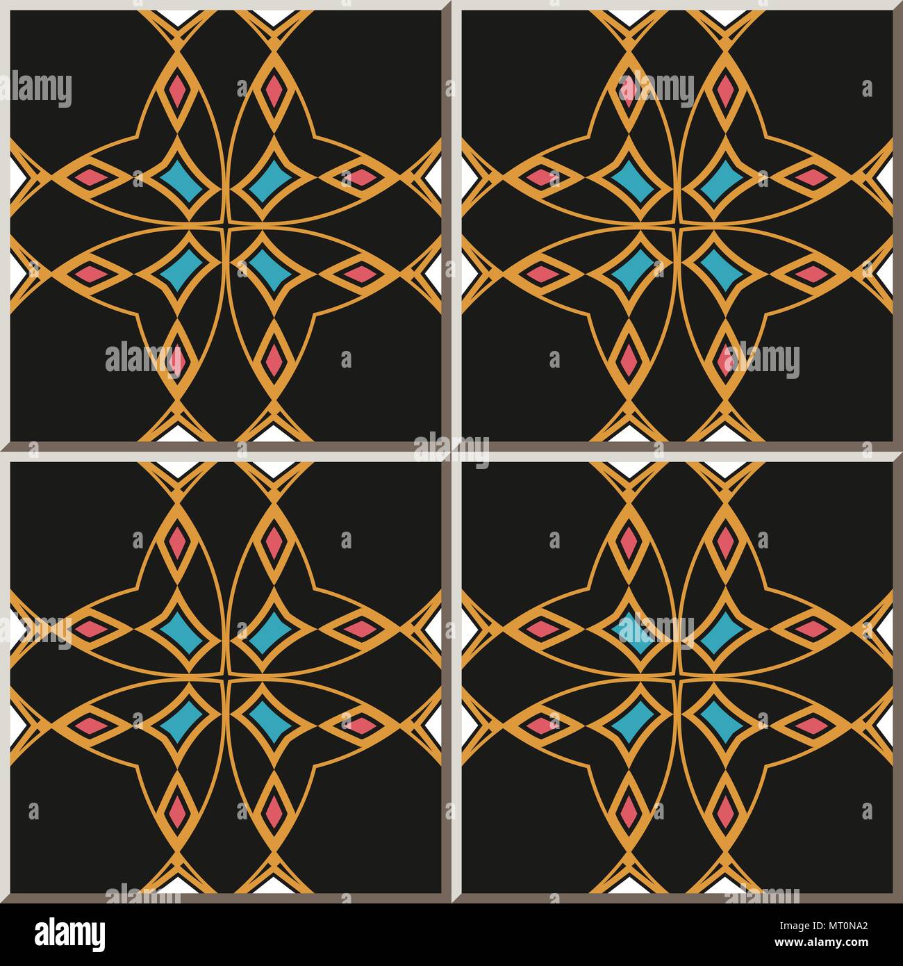 Ceramic tile pattern curve polygon cross gold frame line colorful diamond check gem, oriental ...