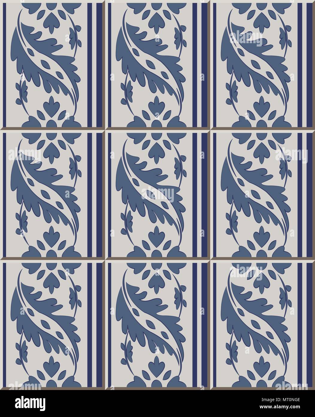 Ceramic tile pattern blue curve spiral cross frame leaf vine flower ...
